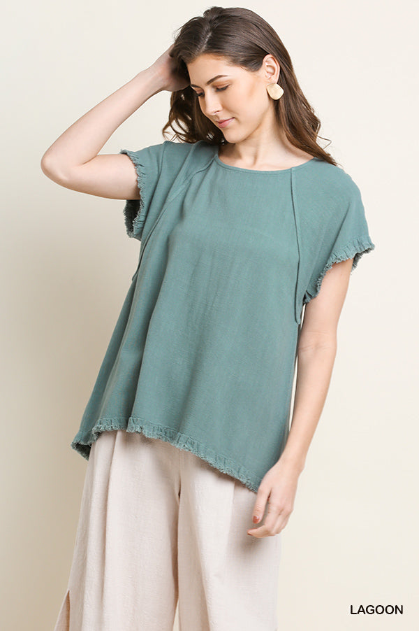 Umgee short sleeve round-neck high-low top with fringe hems